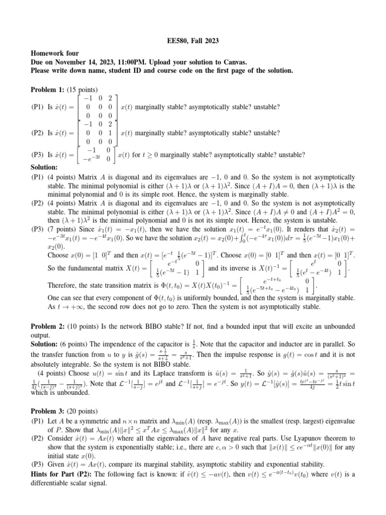 HW4-solutions | PDF | Stability Theory | Matrix Theory