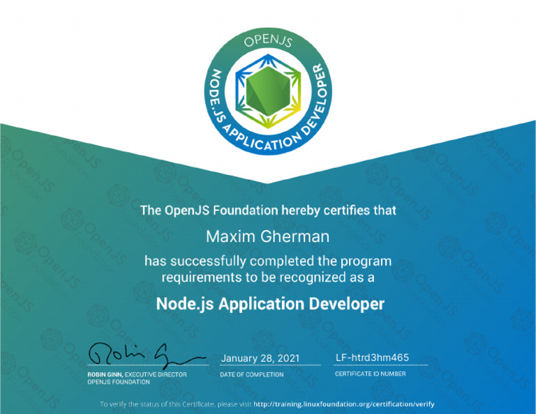 Maxim Gherman Openjs Nodejs Application Developer Jsnad Certificate | PDF Maxim Gherman Openjs Nodejs Application Developer Jsnad Certificate | PDF