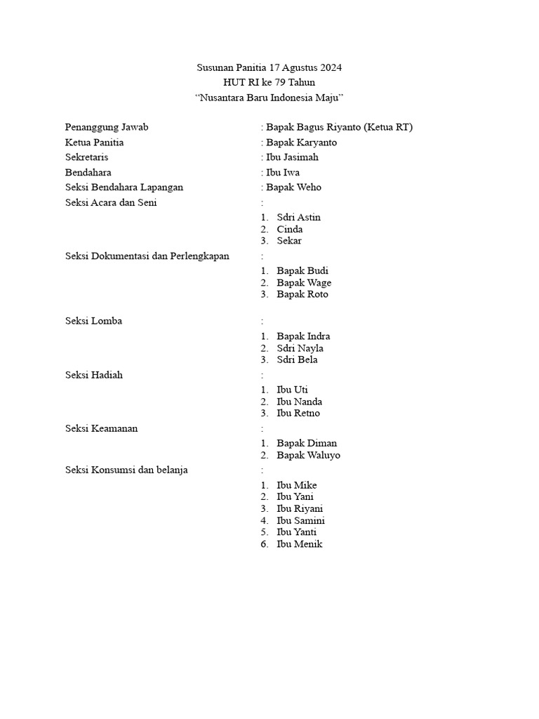 Susunan Panitia 17 Agustus 2024 | PDF