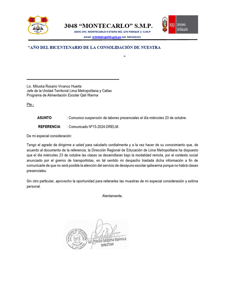 OFICIO 051 Comunica Suspension de Labores Presenciales El 23 de Octubre QALIWARMA | PDF