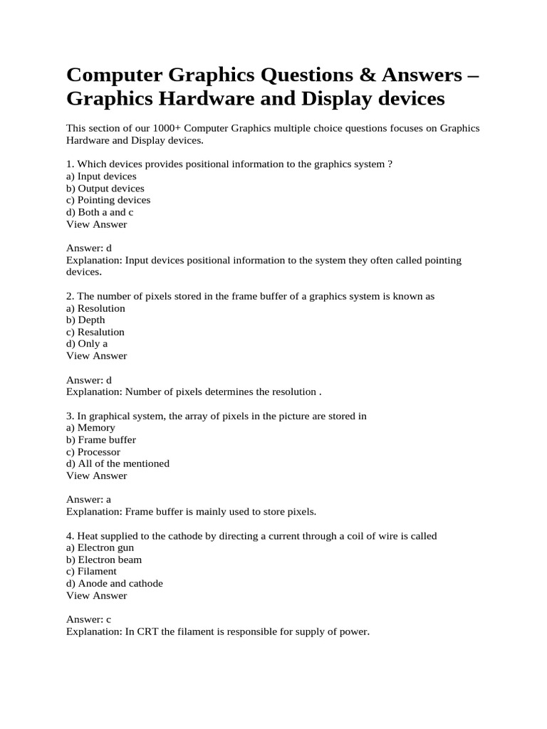 Computer Graphics Questions & Answers - Graphics Hardware and Display Devices | PDF | Display ...