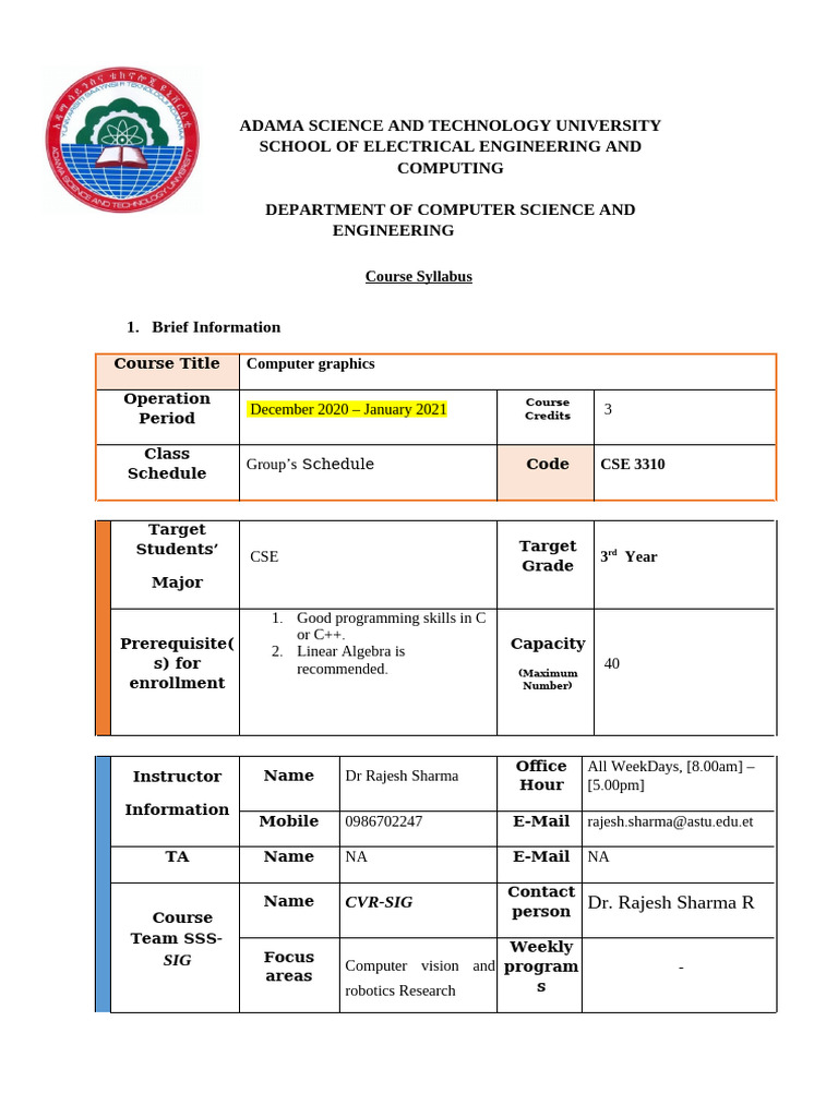 COURSE OUTLINE-CSE 3310 Computer Graphics | PDF | Graphics | Computer Graphics