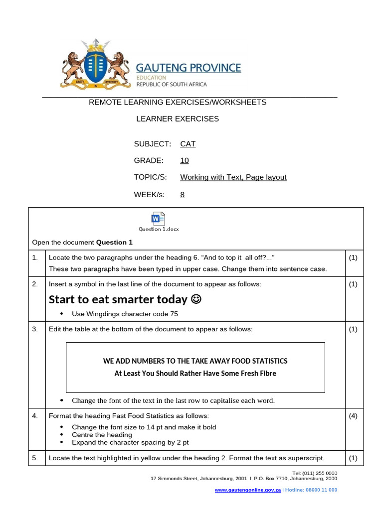Grade 10 CAT Remote Learning Worksheets | PDF | Letter Case | Paragraph