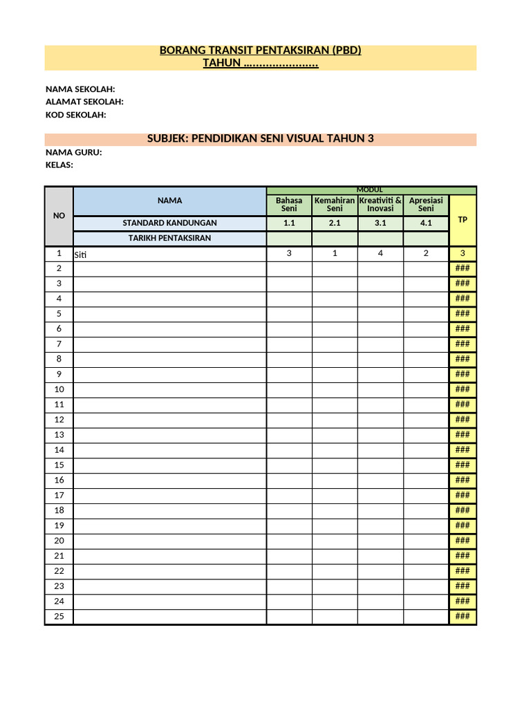 REKOD TRANSIT PBD PSV THN 3 (Version 1) | PDF