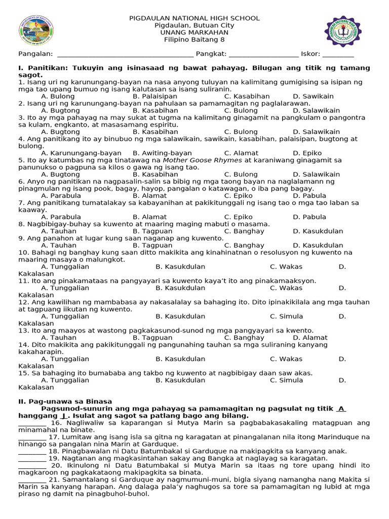 1st Periodical Test Filipino Baitang 8 | PDF