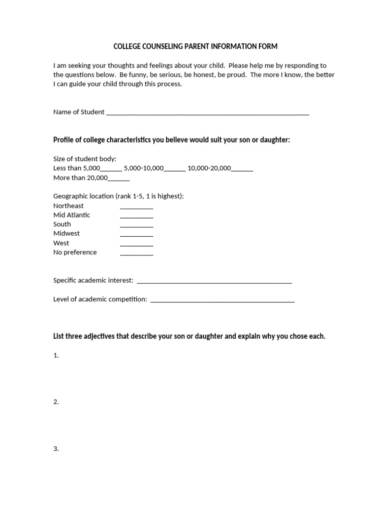 College Counseling Parent Insights Form | PDF | Psychological Concepts ...
