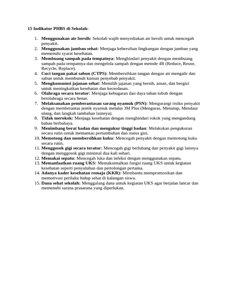 15 Indikator PHBS Di Sekolah | PDF
