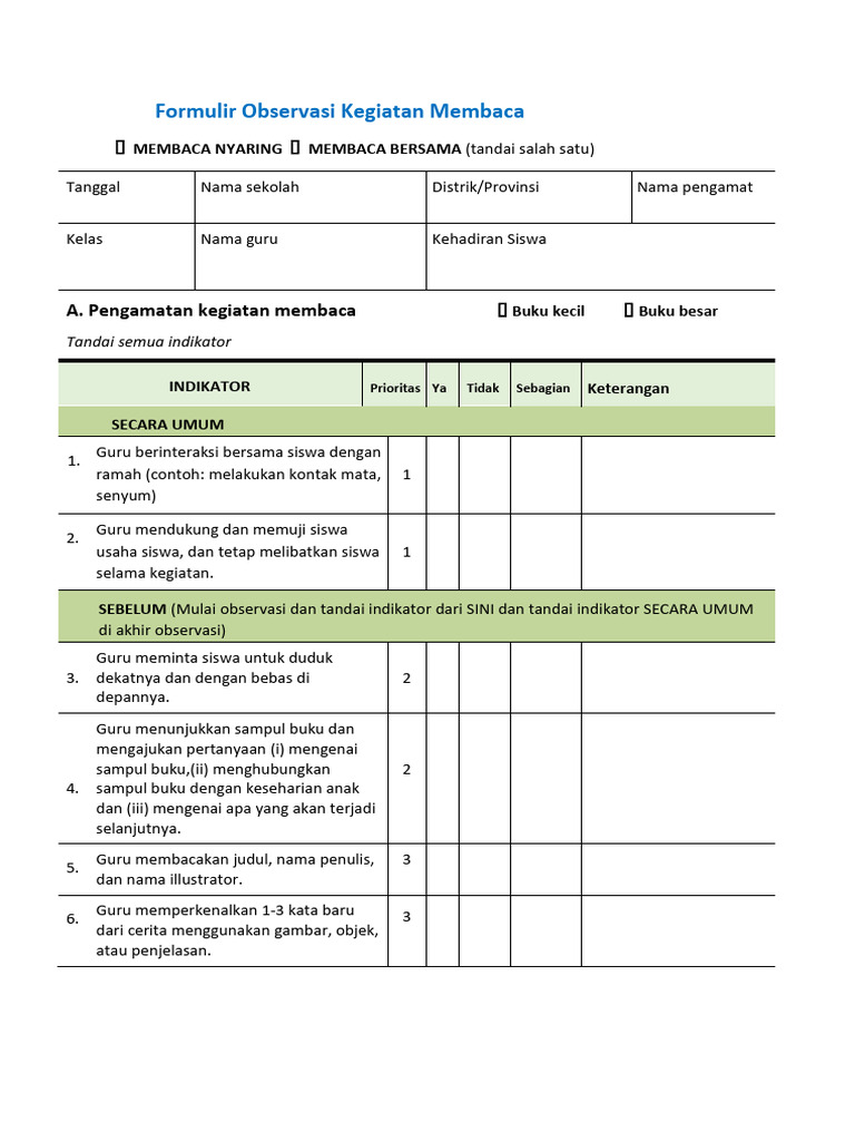 Form Observasi Kegiatan Membaca Nyaring-Bersama (Orientasi Tabanan-Klungkung) | PDF
