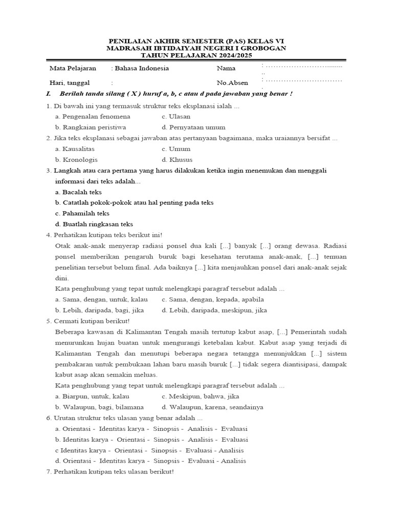 Soal B Indonesia Pat SMTR I Pak Totok | PDF