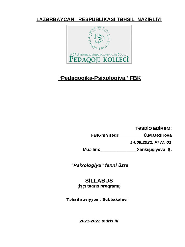 Psixologiya Sillabus II Kurs | PDF