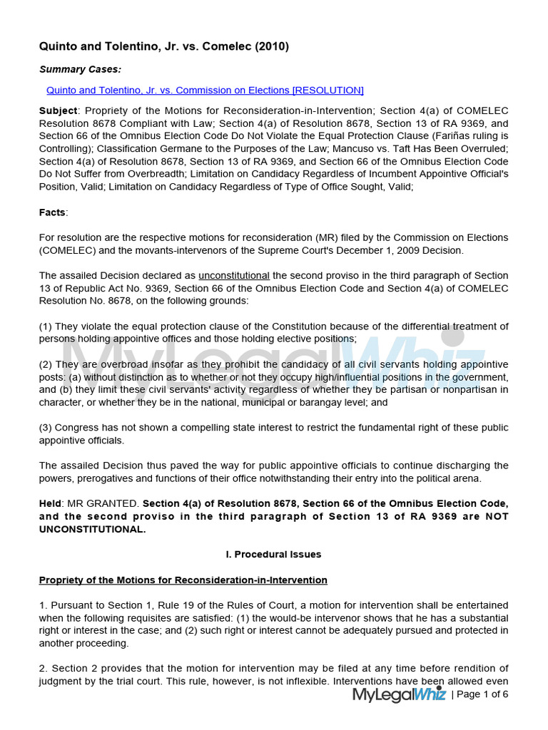 Quinto and Tolentino JR Vs Commission On Elections RESOLUTION - SUMMARY ...