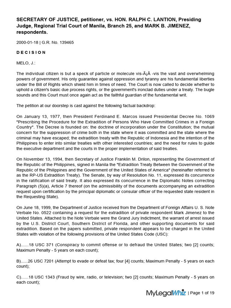 Sec of Justice Vs Hon Ralph Lantion Mark Jimenez | PDF | Extradition ...