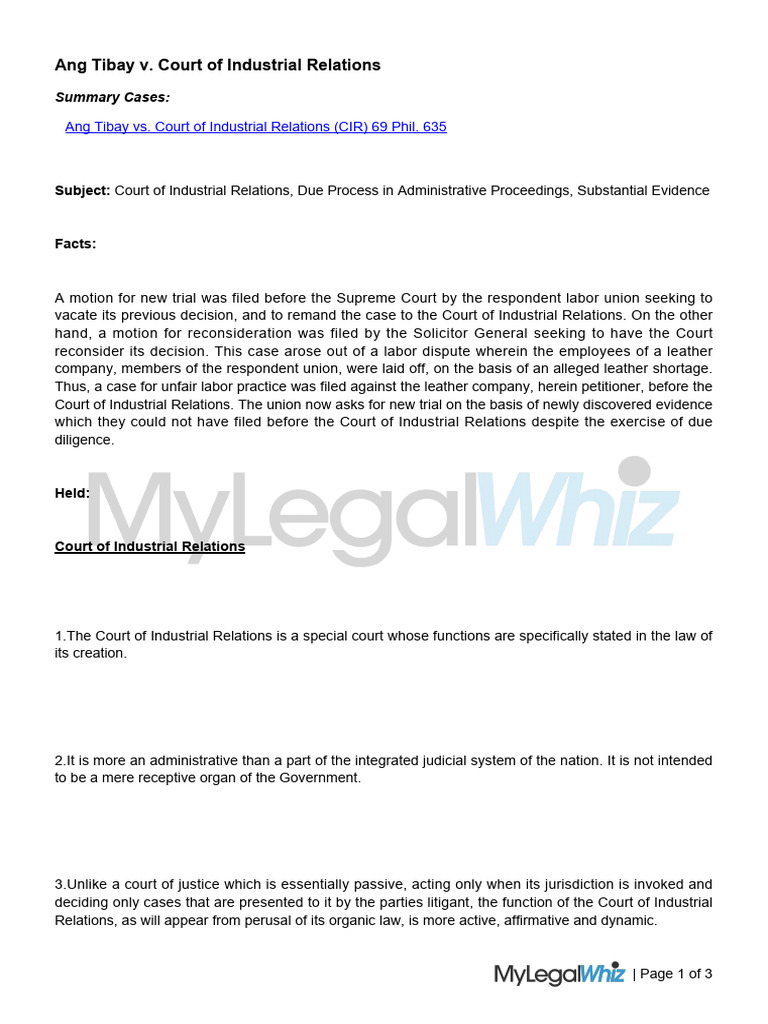 Ang Tibay Vs Court of Industrial Relations (CIR) 69 Phil 635 - SUMMARY | PDF | Arbitration ...