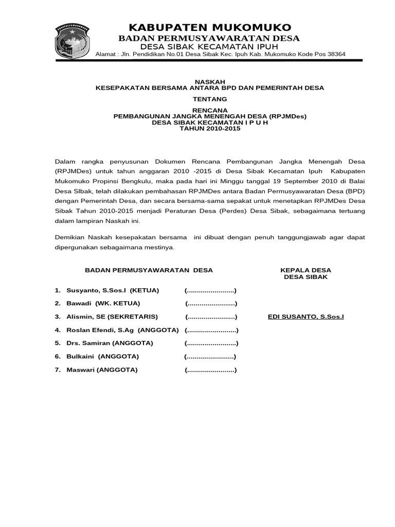 Kesepakatan Naskah Perdes Rpjmdes (Kades Dan BPD) | PDF | Ilmu Sosial ...