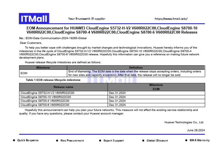 EOM Announcement For HUAWEI CloudEngine S5732-H-V2 V600R022C00, CloudEngine S8700-10 V600R022C00 ...