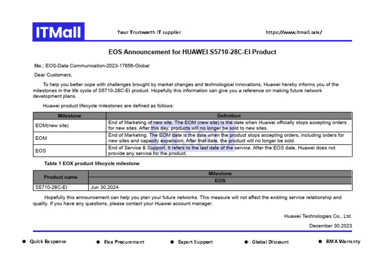 EOS Announcement For HUAWEI S5710-28C-EI Product | PDF | Computers