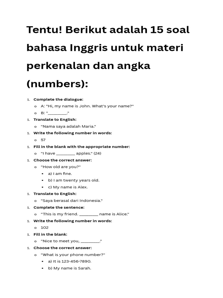 Tentu! Berikut Adalah 15 Soal Bahasa Inggris Untuk Materi Perkenalan ...