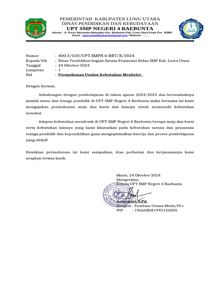 Permohonan Meubeler SMP Baebunta | PDF