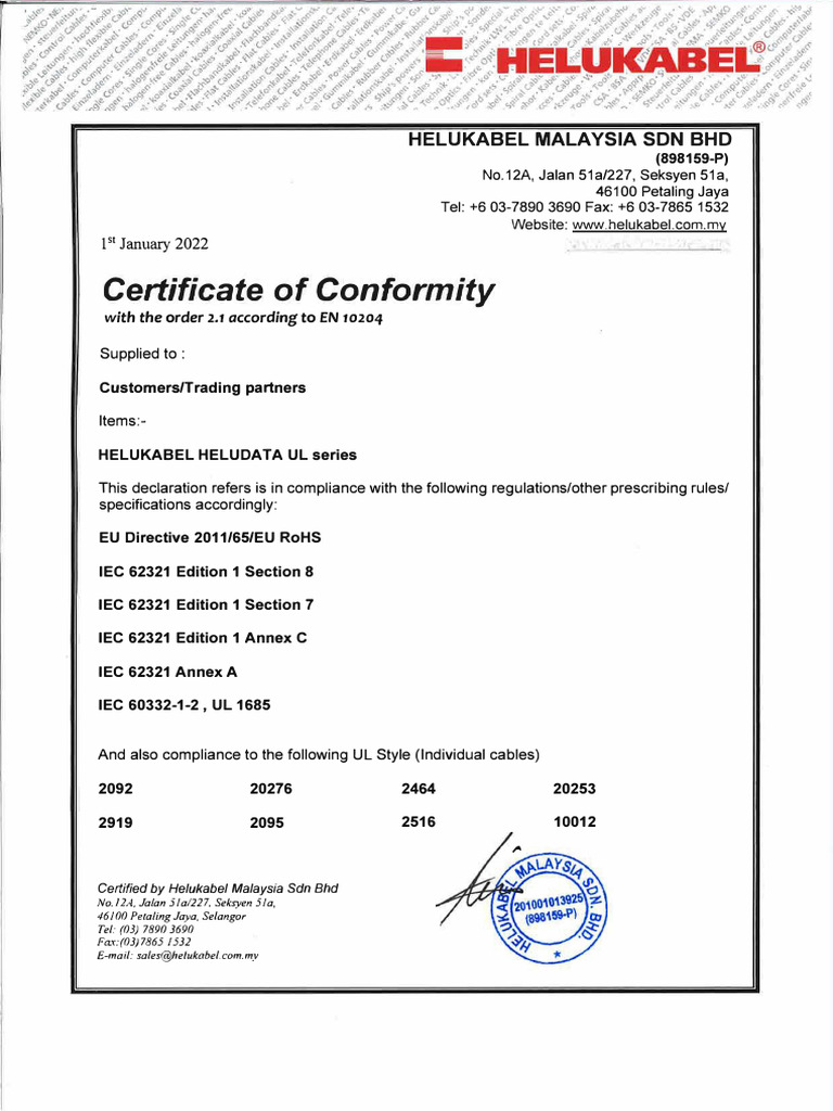 Helukabel Malaysia Compliance Certificate | PDF
