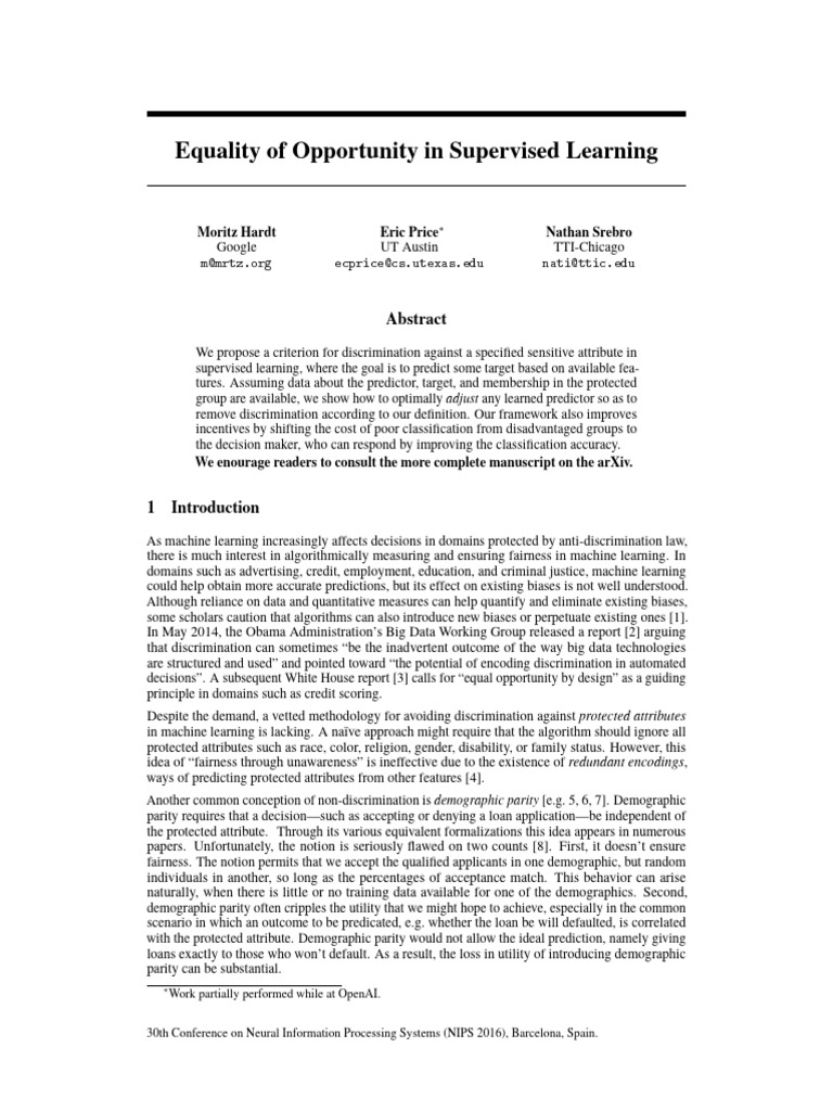 NIPS 2016 Equality of Opportunity in Supervised Learning Paper | PDF | Receiver Operating ...