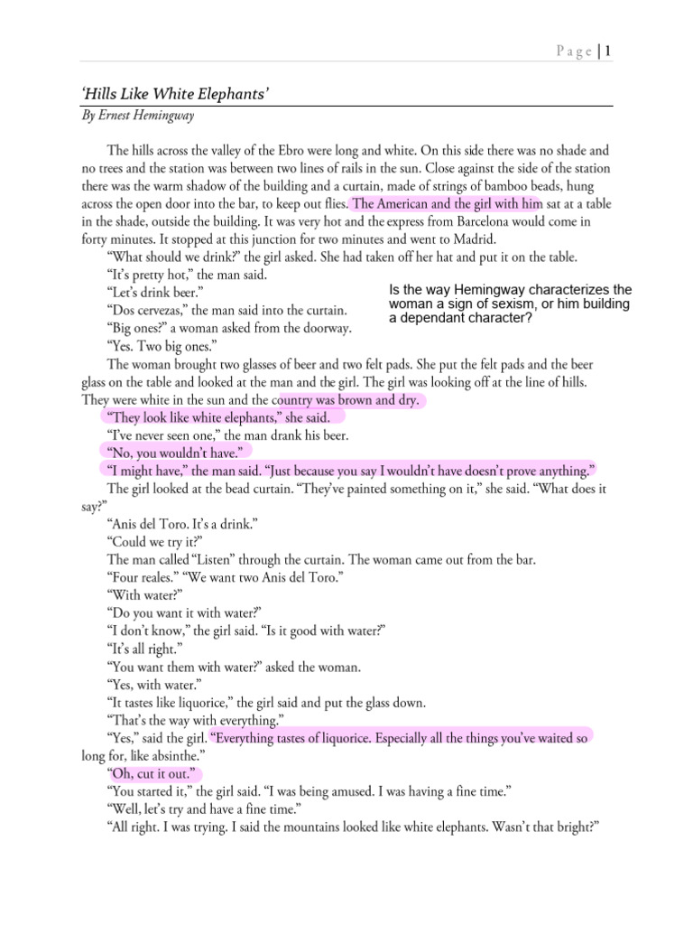 HILLS LIKE WHITE ELEPHANTS - ERNEST HEMINGWAY | PDF