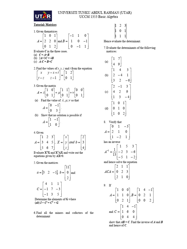 UCCM1353 T2 Matrices Tutorial Questions | PDF | Matrix (Mathematics) | Algebra