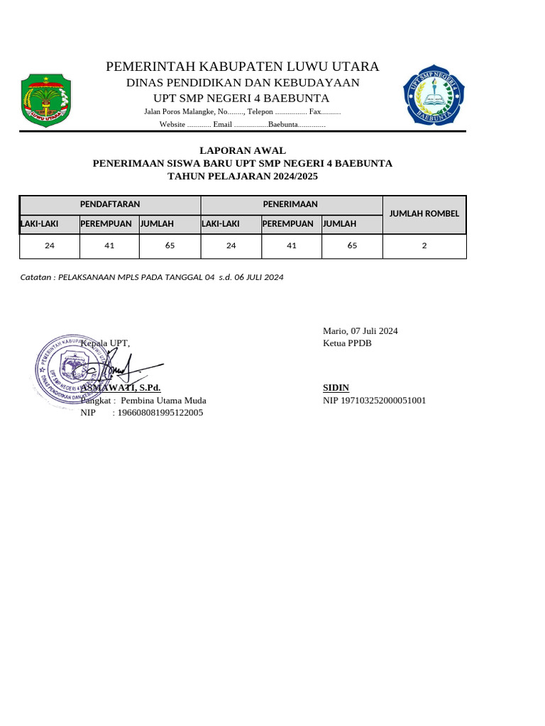 Laporan Awal PPDB | PDF