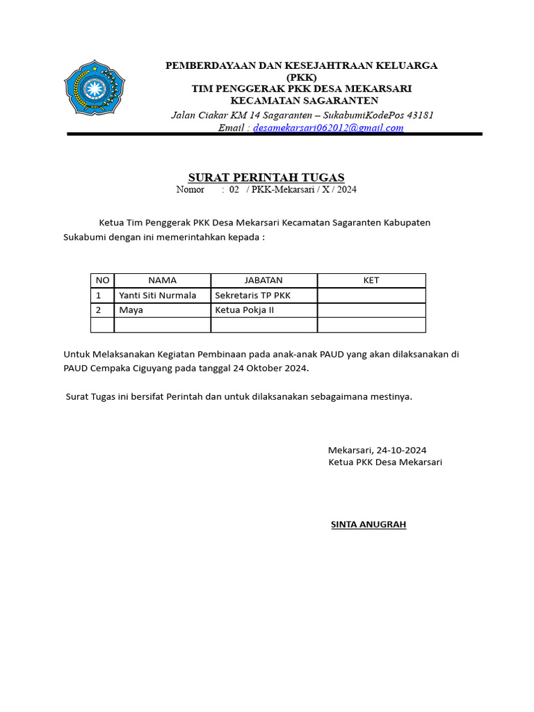 Surat Tugas PKK | PDF