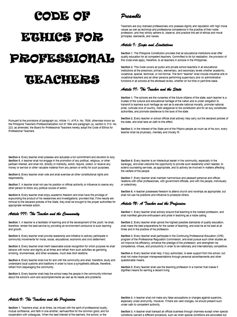 Philippine Teachers' Code of Ethics | PDF | Teachers | Profession
