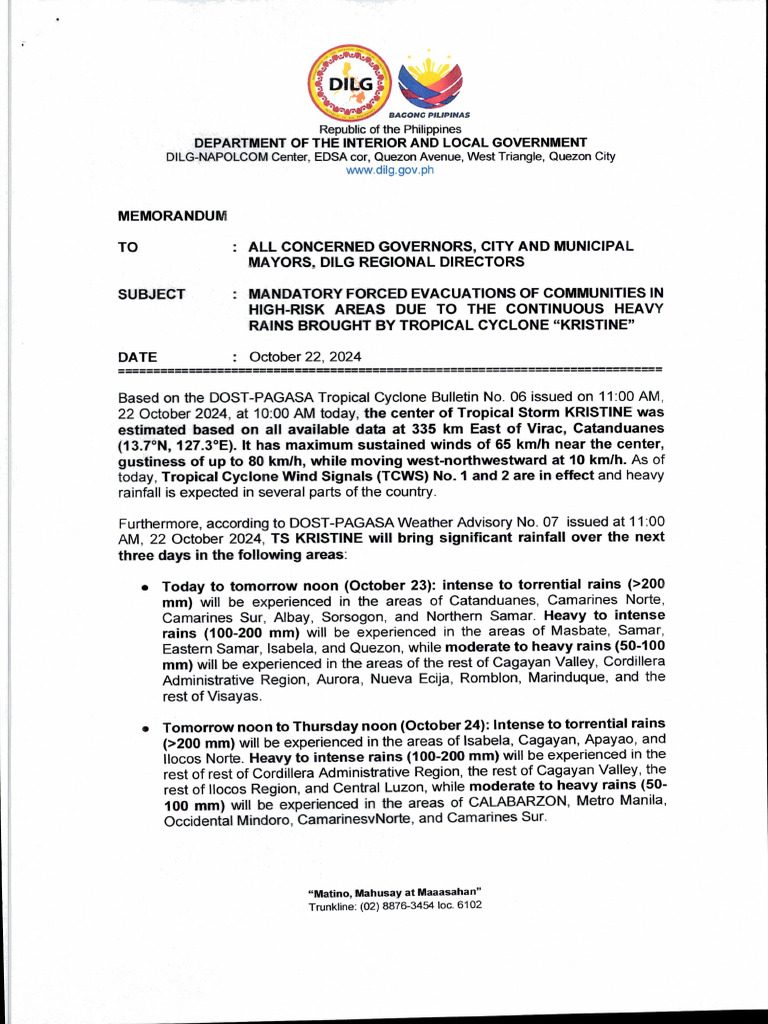 Os 12014 Memo Mandatory Forced Evacuations of Communities in High Risks ...