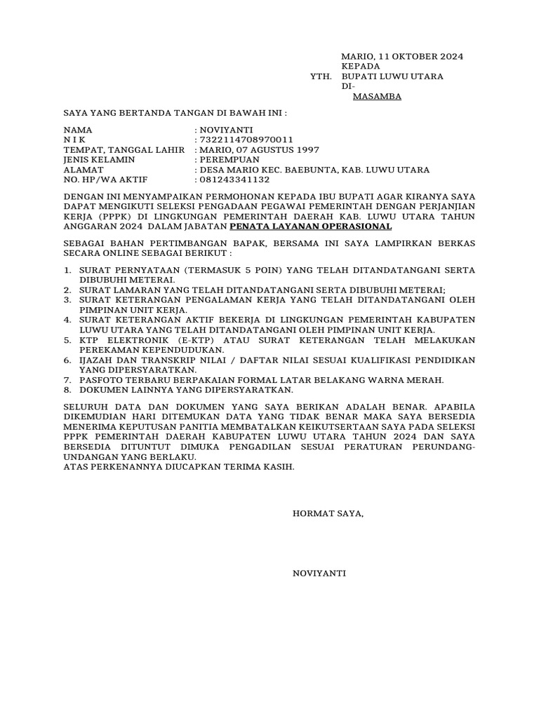 Permohonan Seleksi PPPK Luwu Utara | PDF