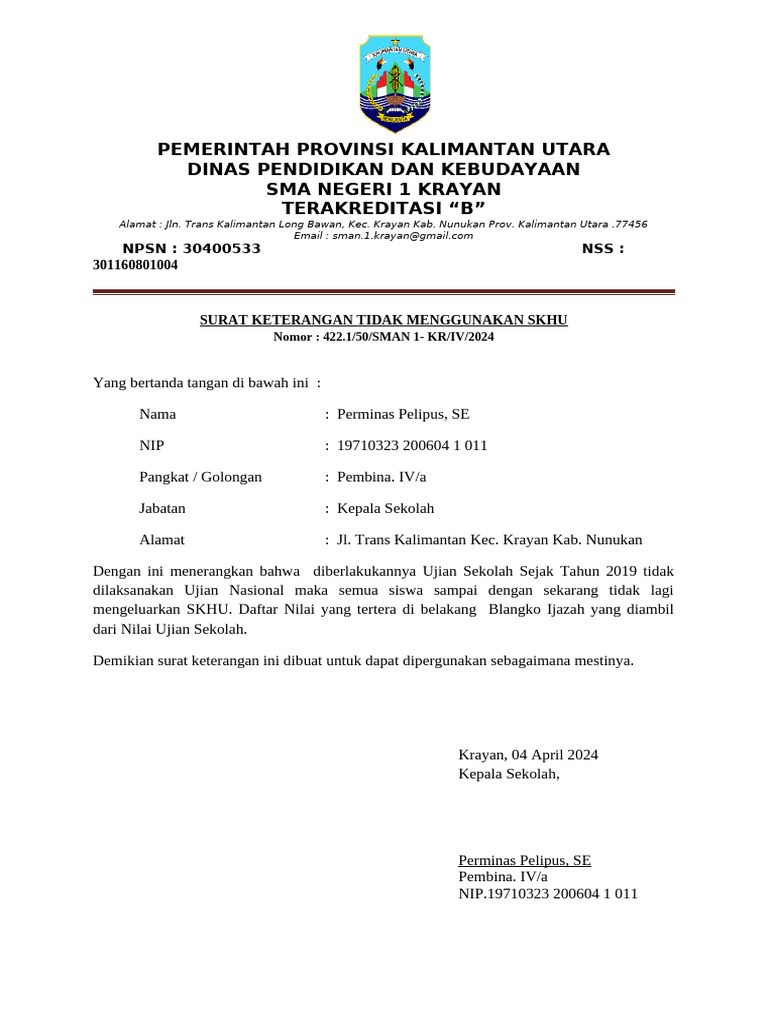 Surat Keterangan Tanpa SKHU SMA Krayan | PDF