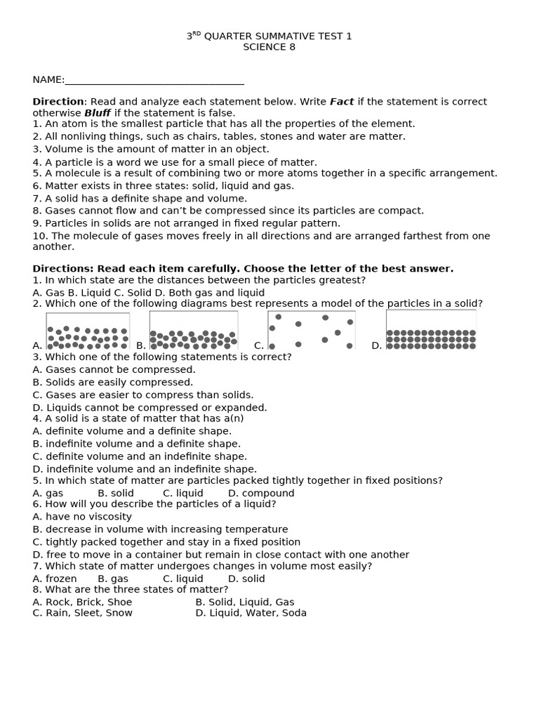Science 8 Quarter 3 Test on Matter | PDF | Gases | Liquids