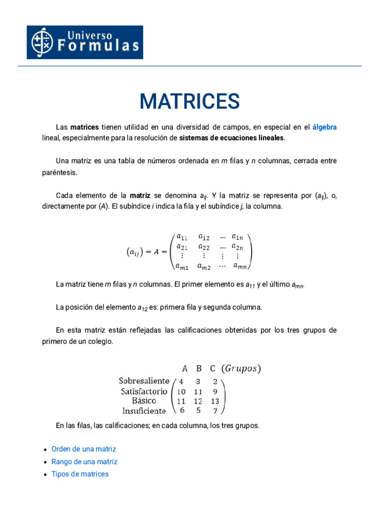 Formulas y Tipos de Matrices | PDF | Matriz (Matemáticas) | Determinante