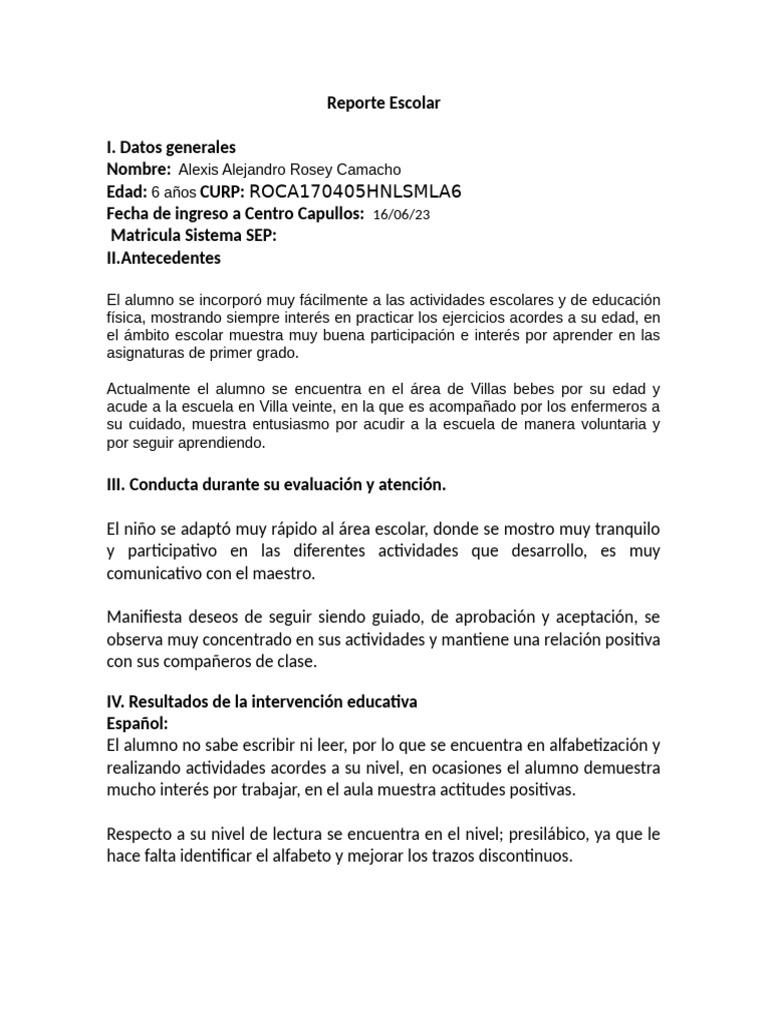 Reporte Escolar- Alexis Torres | PDF | Aprendizaje | Sustracción