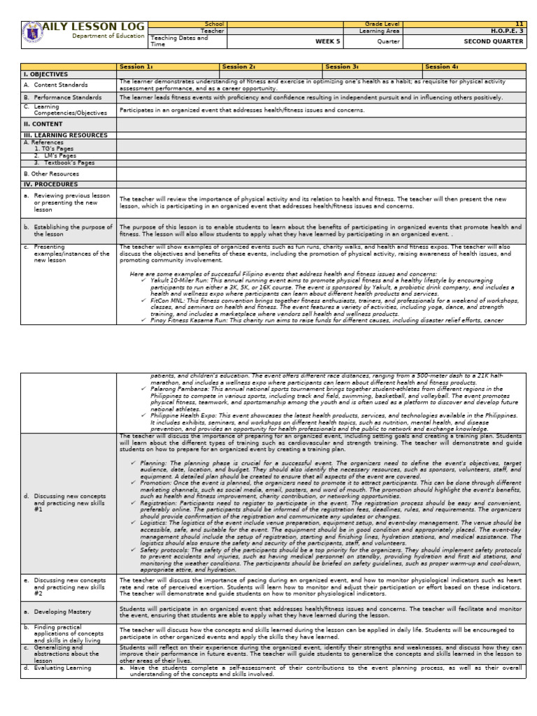 Lesson Plan Sample - Q2.week 5 | PDF | Teachers | Physical Fitness