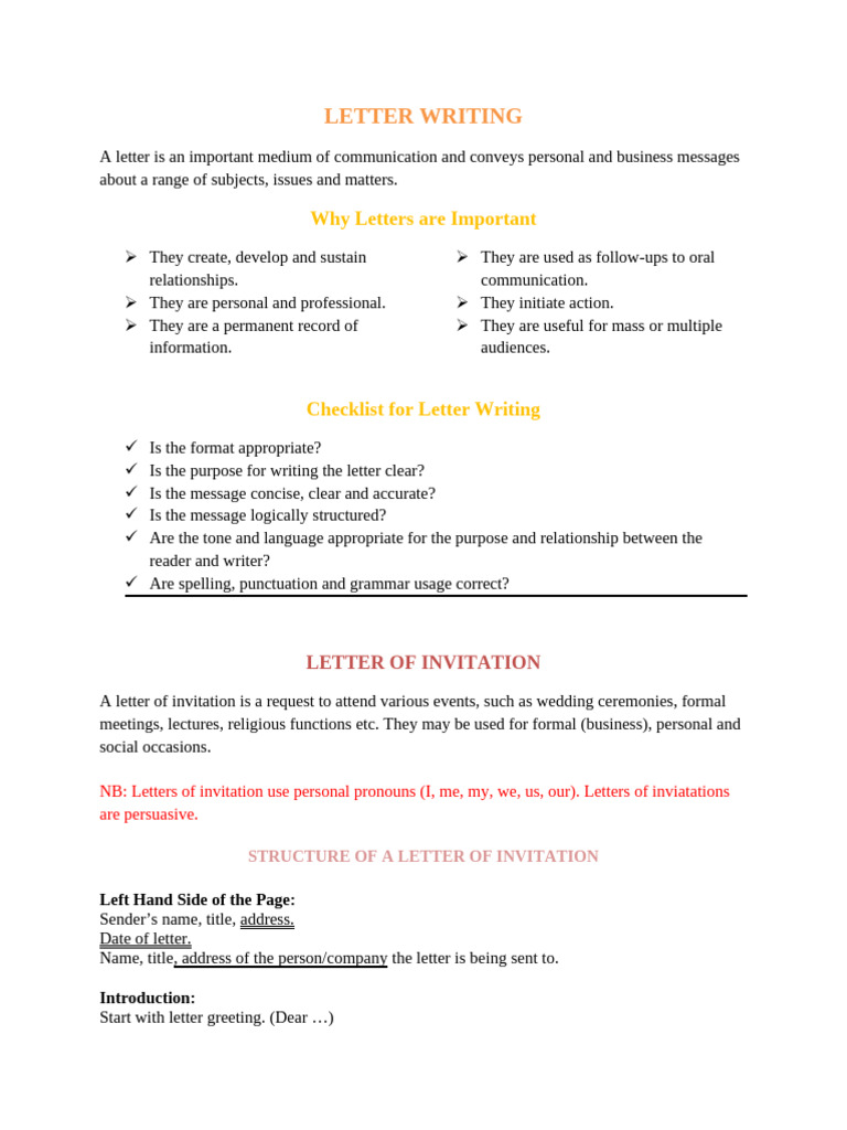 Letter Writing Notes - Invitation and Request | PDF | Communication