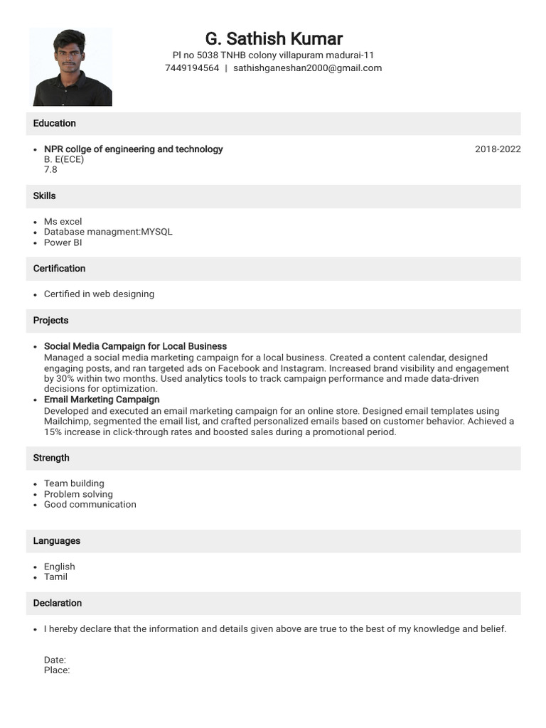 G. Sathish Kumar's Resume 2018-2022 | PDF