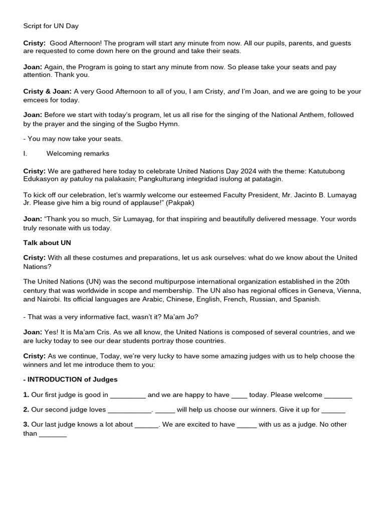Script For UN Day | PDF | Wellness
