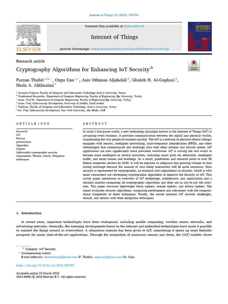IoT Security: Cryptography Algorithms | PDF | Internet Of Things | Security