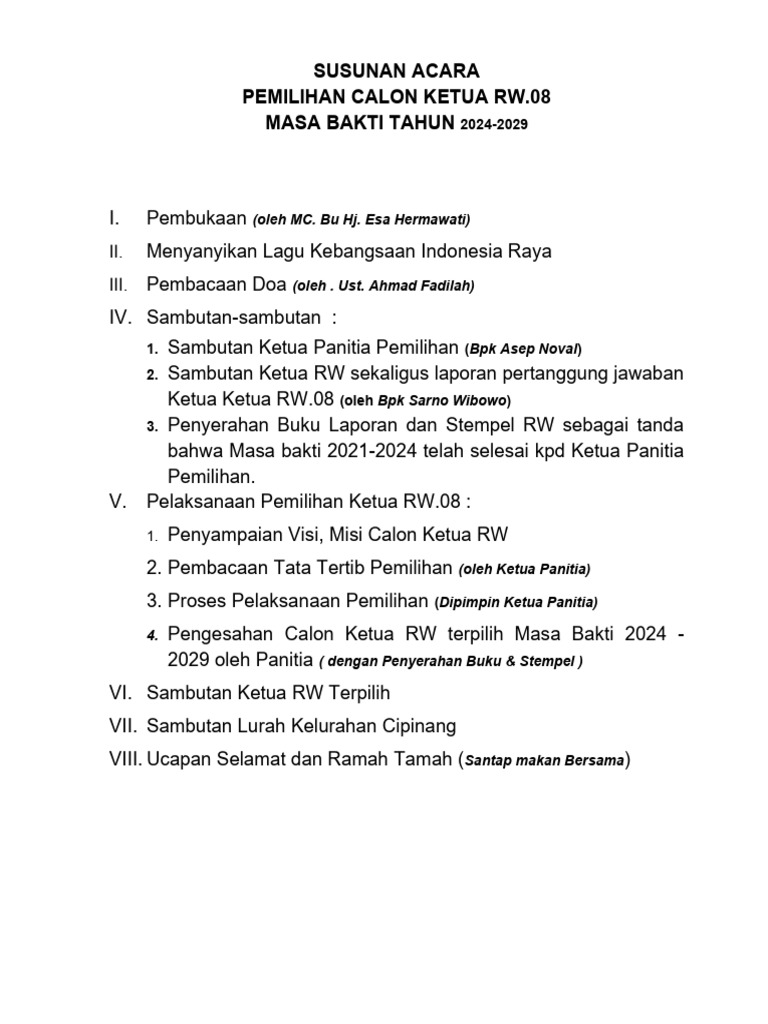 Susunan Acara Pemilihan Ketua RW08 | PDF