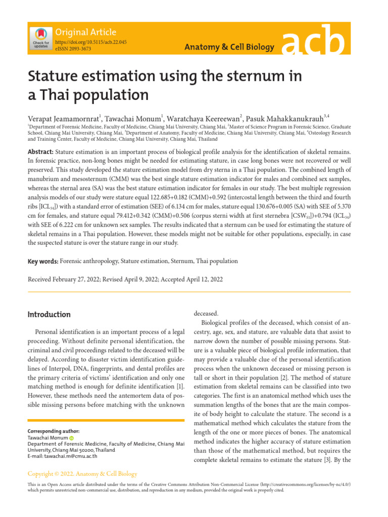 Stature Estimation Using The Sternum in | PDF | Self-Improvement | Wellness