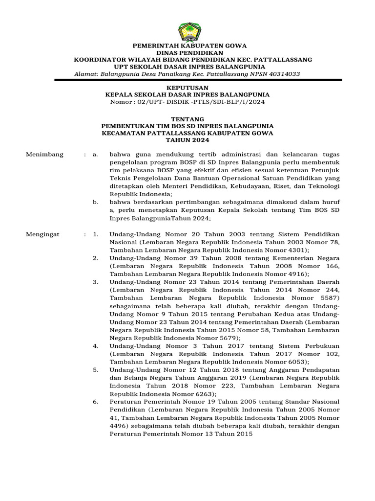 Pembentukan Tim BOS SD Inpres 2024 | PDF
