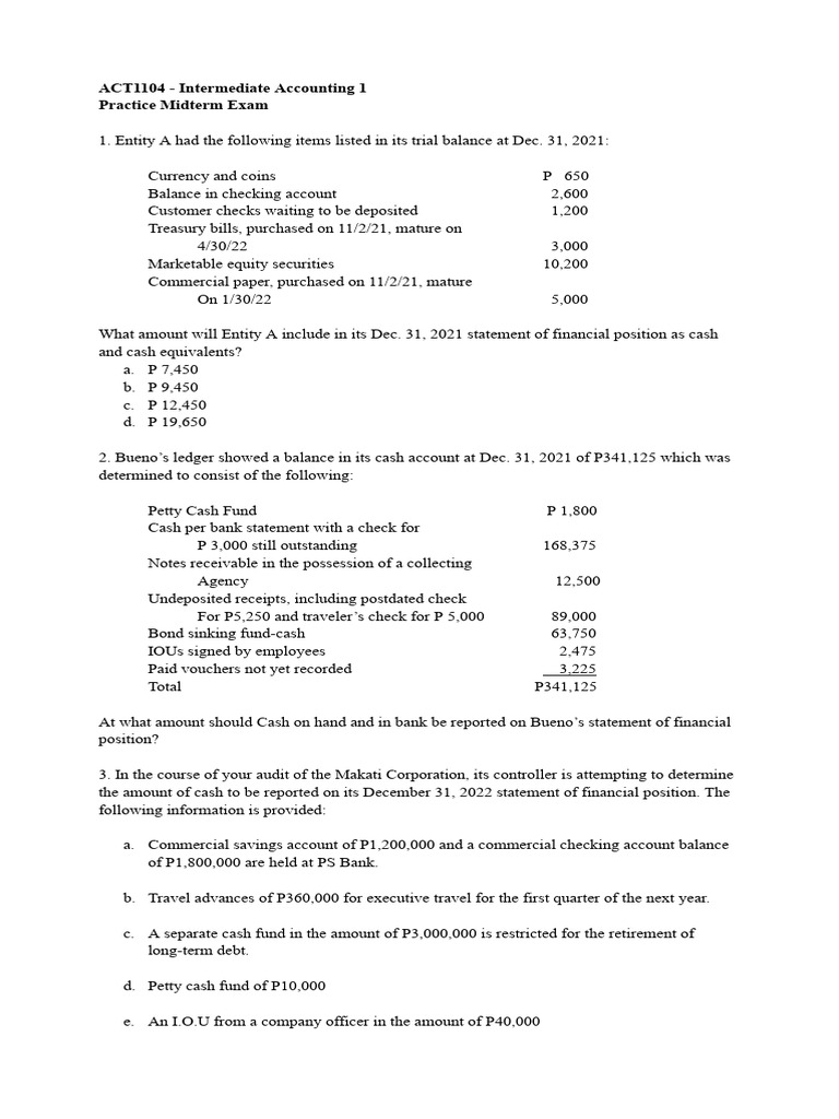 Intermediate Accounting 1 Midterm Practice Exam | PDF | Banks | Bad Debt