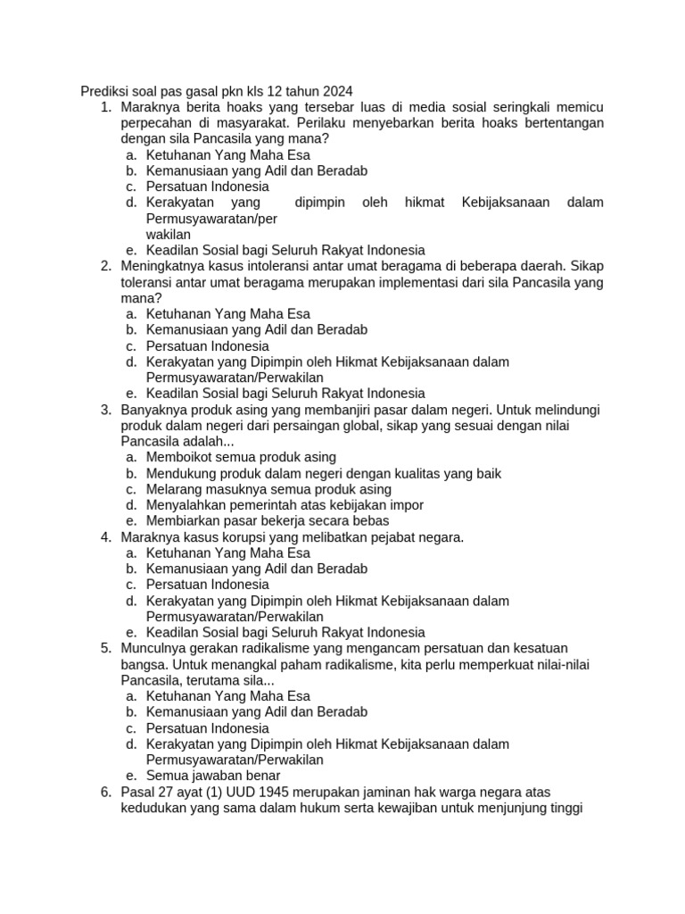 Kisi2, Soal, Kunci Jawaban PKN Xii Ikm Pasgasal 2024 - 2025 | PDF
