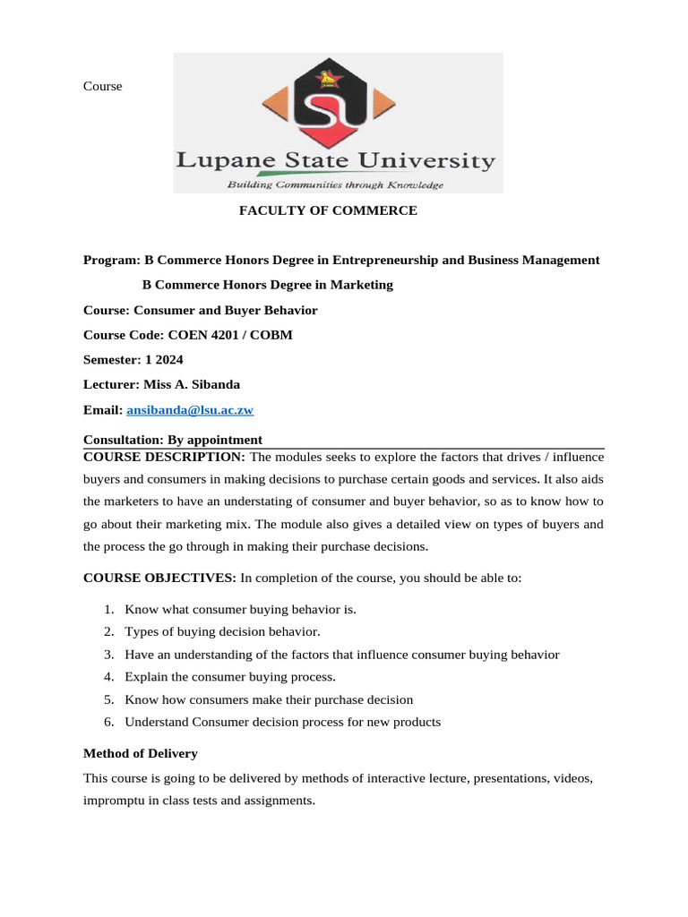 Consumer and Buyer Behavior Course Outline 2024 Part 4 | PDF | Behavior ...