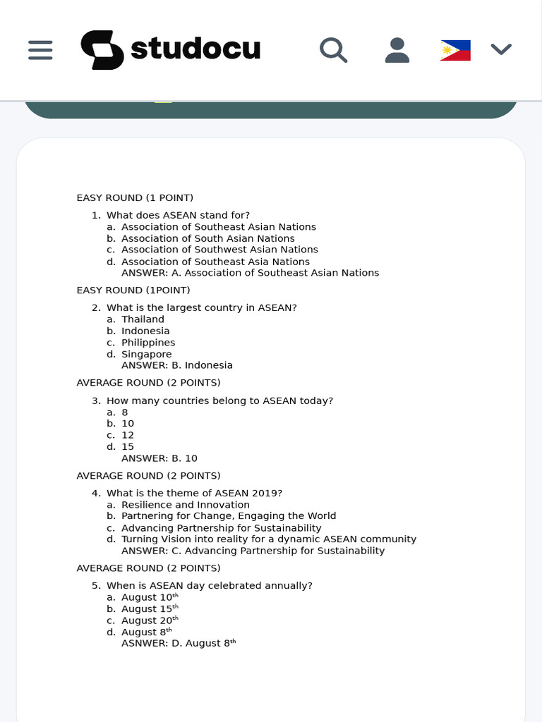 Asean QUIZ BEE Questions WITH Answers - EASY ROUND (1 POINT) What Does ASEAN Stand For A ...