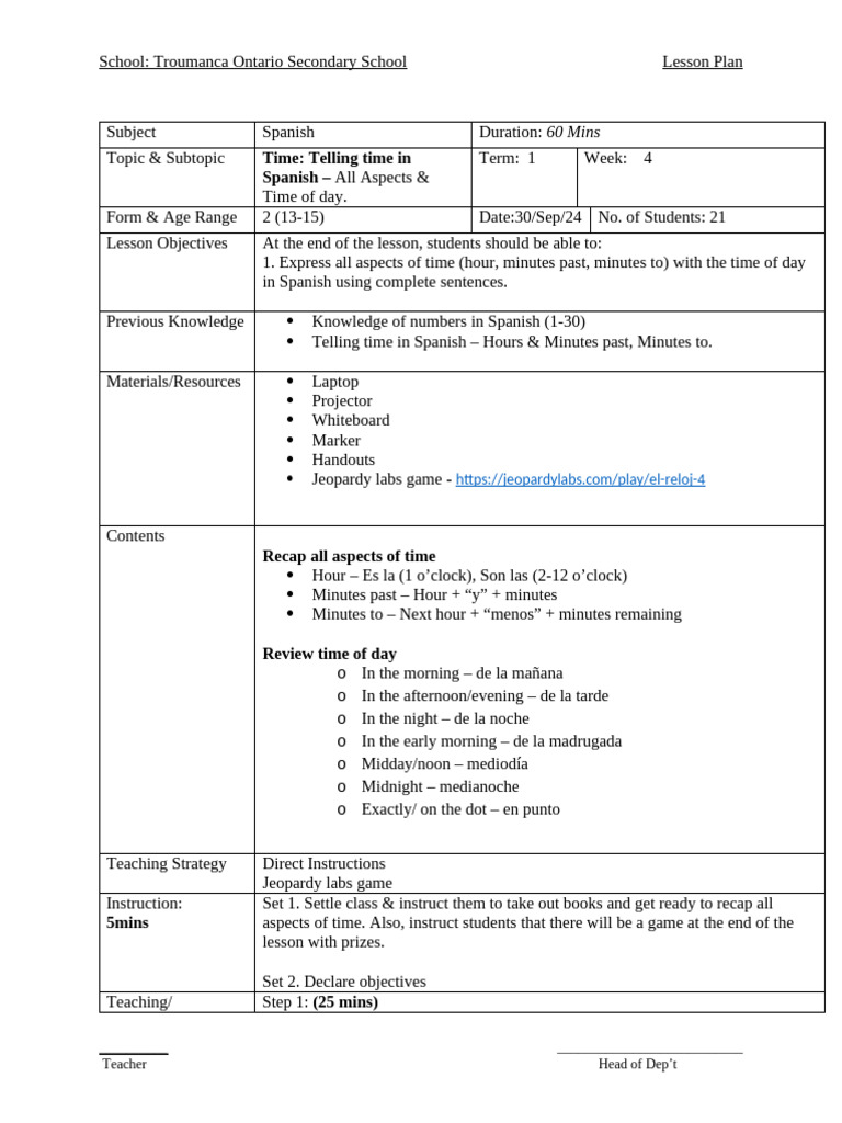 Spanish Lesson Plan - Telling Time in Spanish - All Aspects & Time of ...