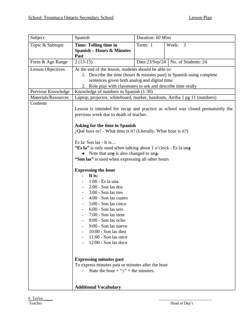 Spanish Lesson Plan - Telling Time in Spanish - Hour & Minutes Past ...
