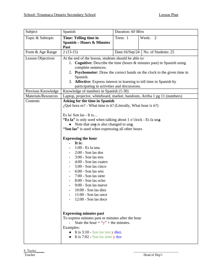 Spanish Time-Telling Lesson Plan | PDF | Teachers | Classroom Management
